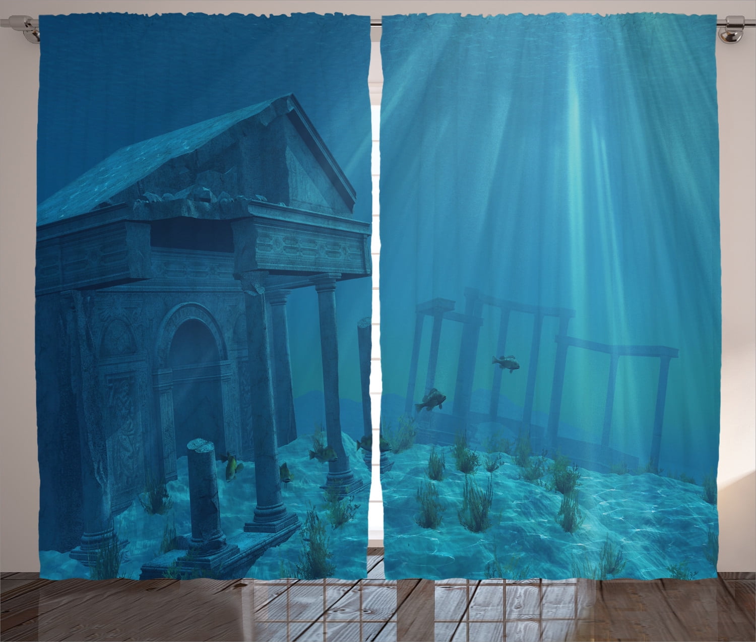 Ocean Life Curtains 2 Panels Set, Sunlight over Ruins of A Former ...