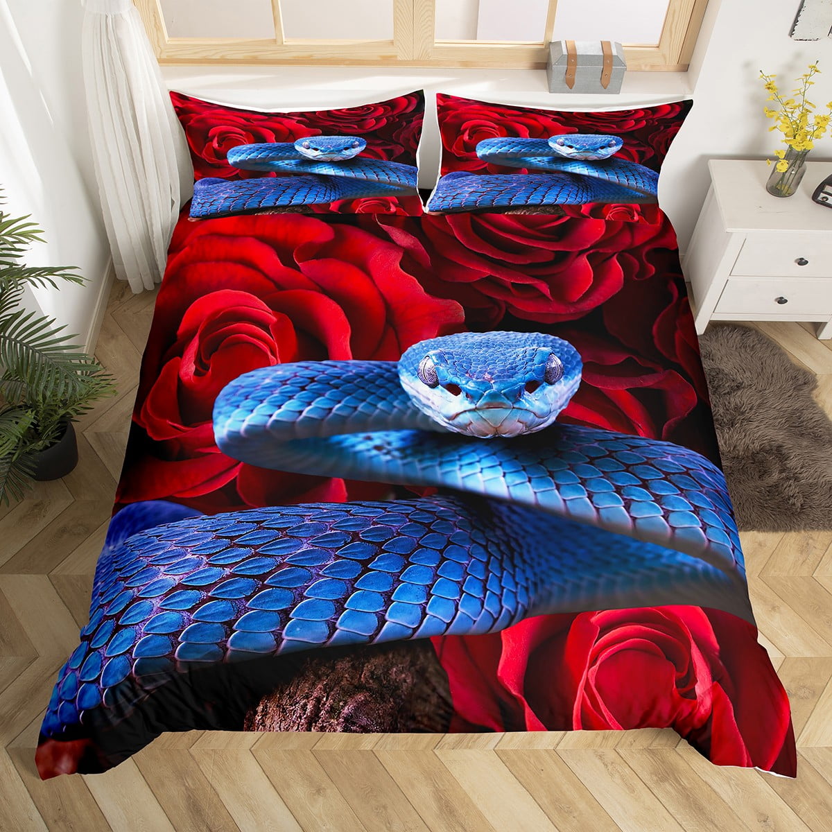 Snake Bedding Set Red Rose Bush Comforter Cover for Boys Girls Women ...