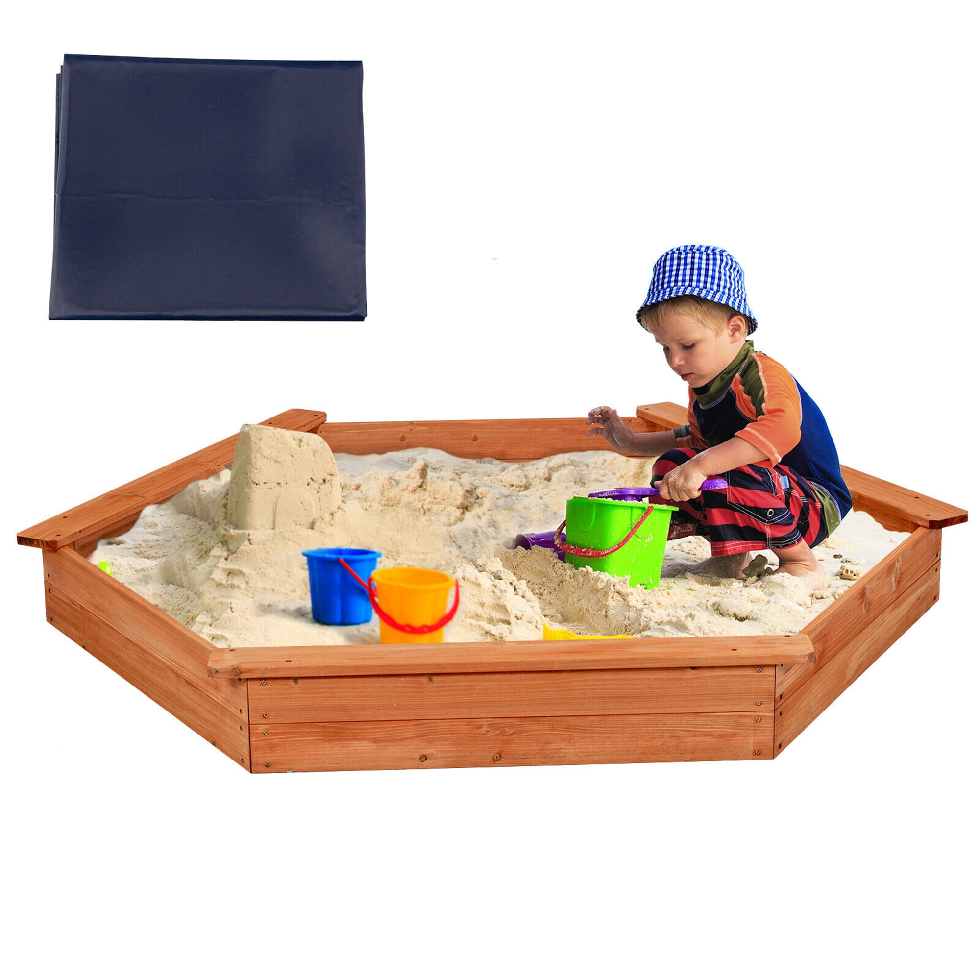 Gymax Hexagon Wooden Cedar Sand Box w Seat Boards & Cover & Ground ...