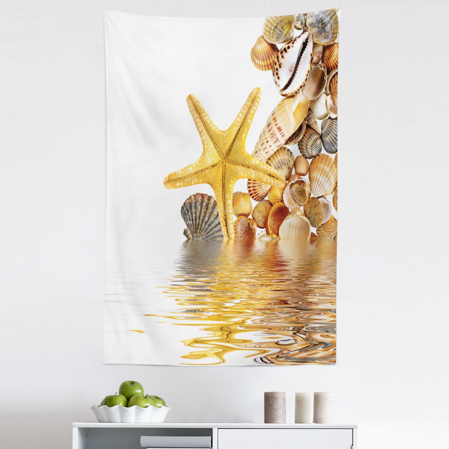 Beach Tapestry, Shells and Starfish Reflection Water Golden Yellow Spa ...