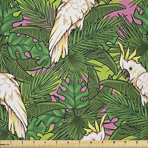 Parrots Fabric By The Yard, Yellow Crested Cockatoo With Tropical ...