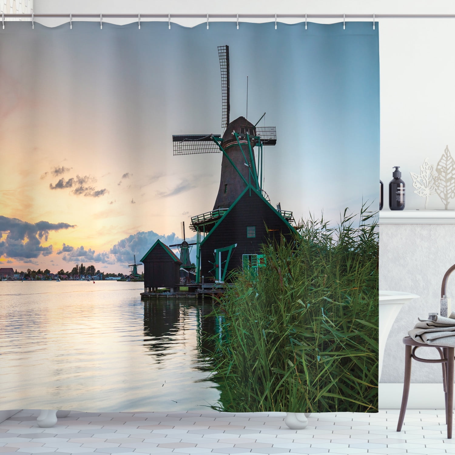 Amsterdam Shower Curtain, Real Life Photo of Windmills near the Water ...
