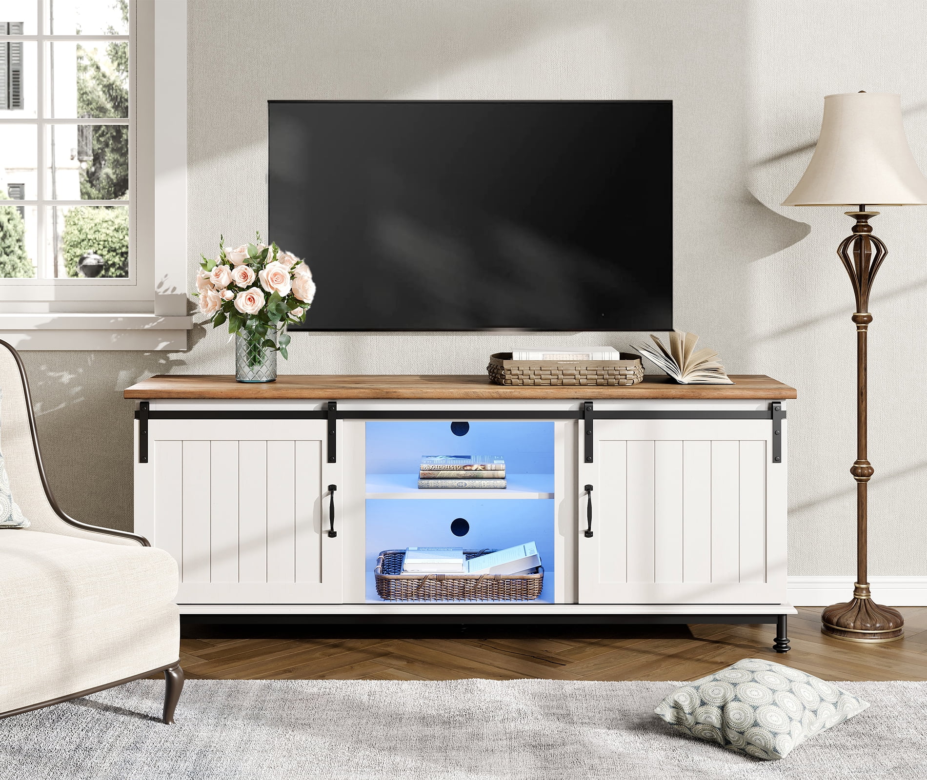WAMPAT Farmhouse TV Stand with Blue Led Lights, Entertainment Center ...