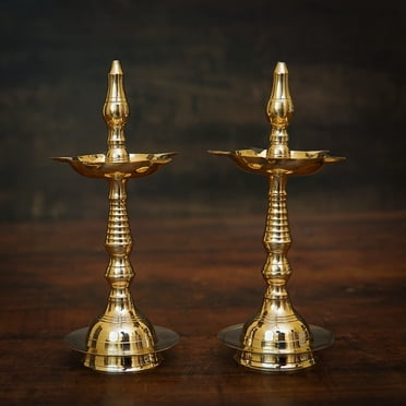 Brass Pooja Oil Lamp Deepak With Handle Elegant Sambrani Stand Temple ...