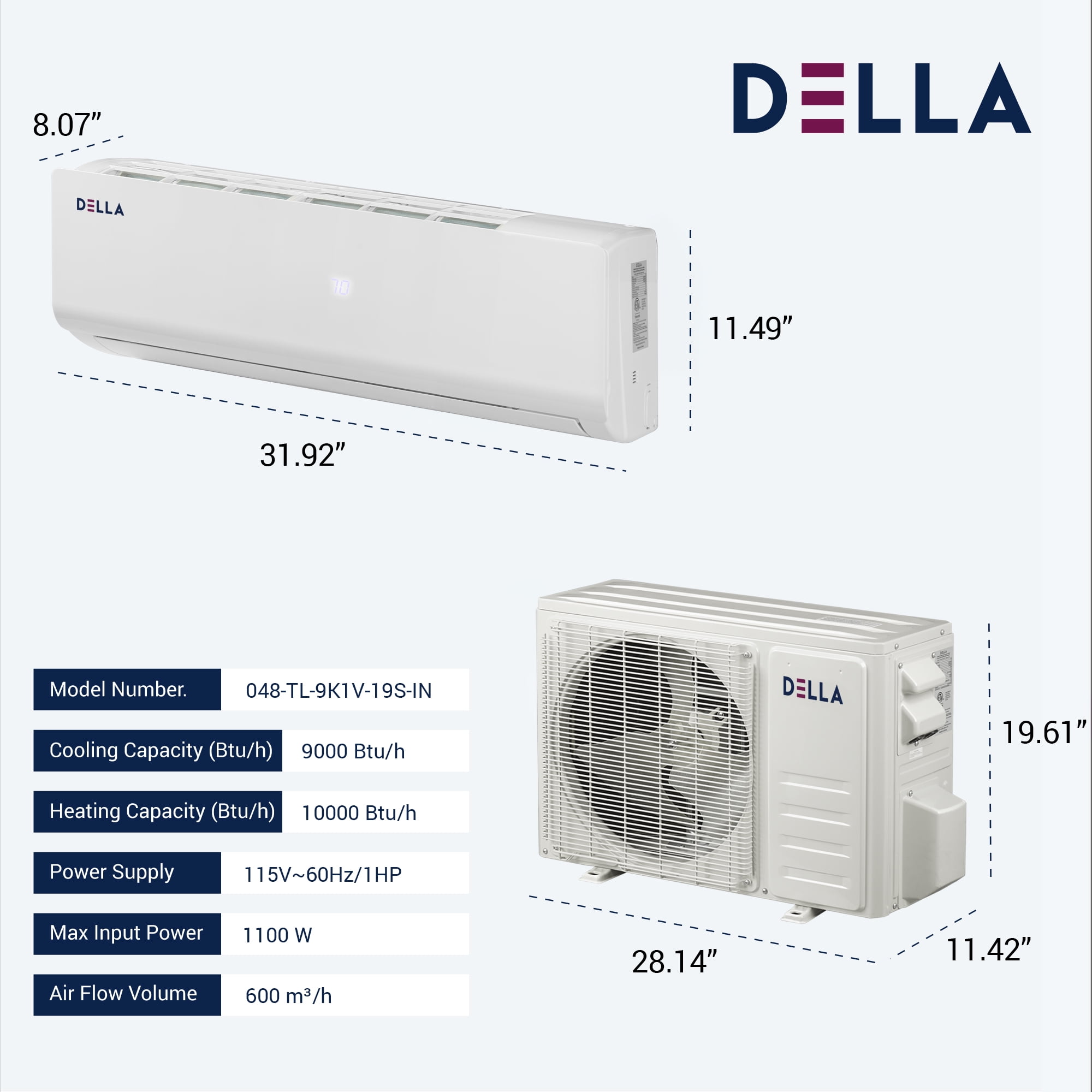 Buy DELLA 9000 BTU Wifi Enabled 19 SEER Cools Up to 400 Sq.Ft 115V Energy Efficient Mini Split ...