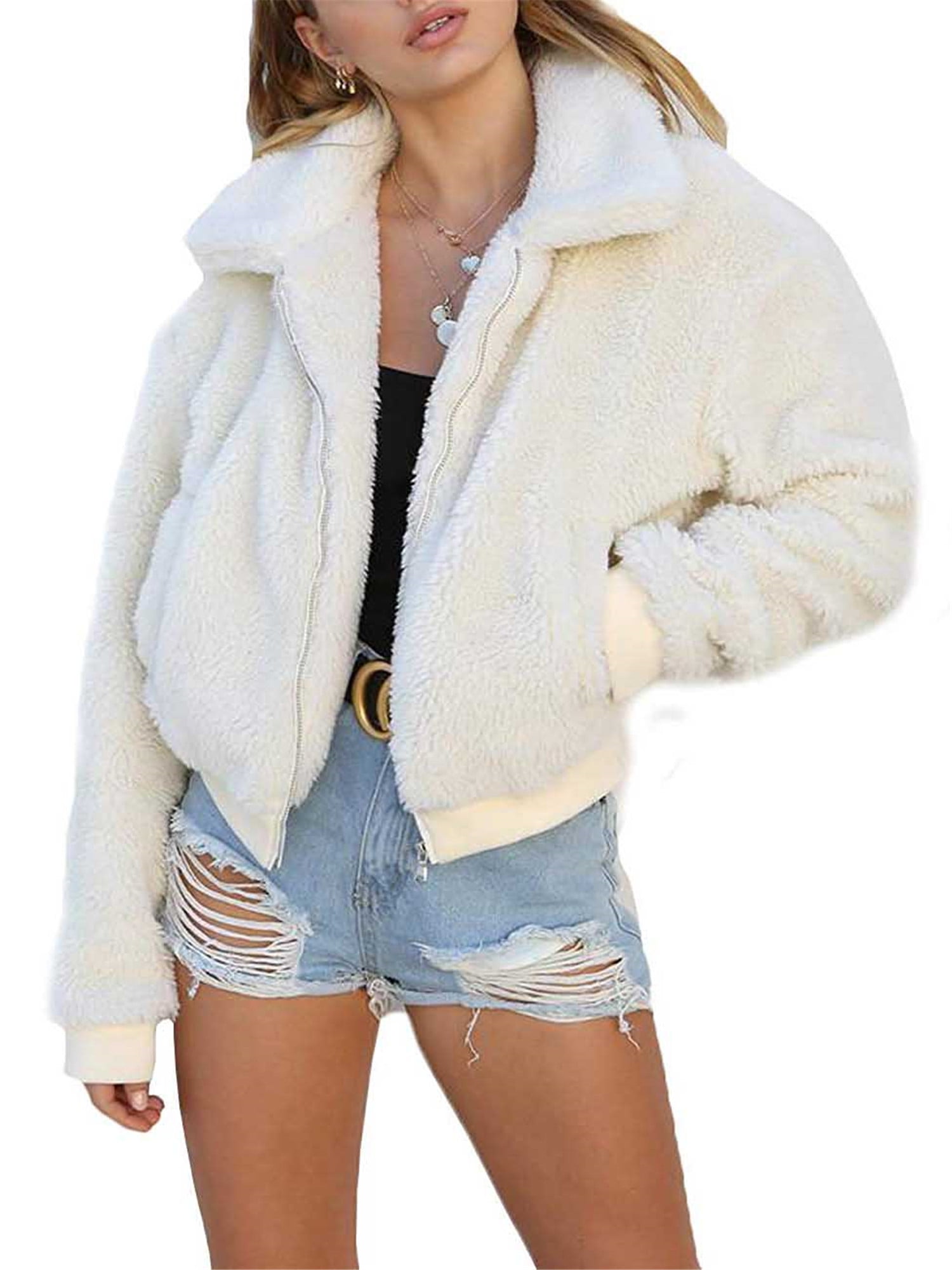 Womens Thick Warm Teddy Bear Shaggy Fleece Jacket Coat Zip Up Outwear Overcoat - Walmart.com