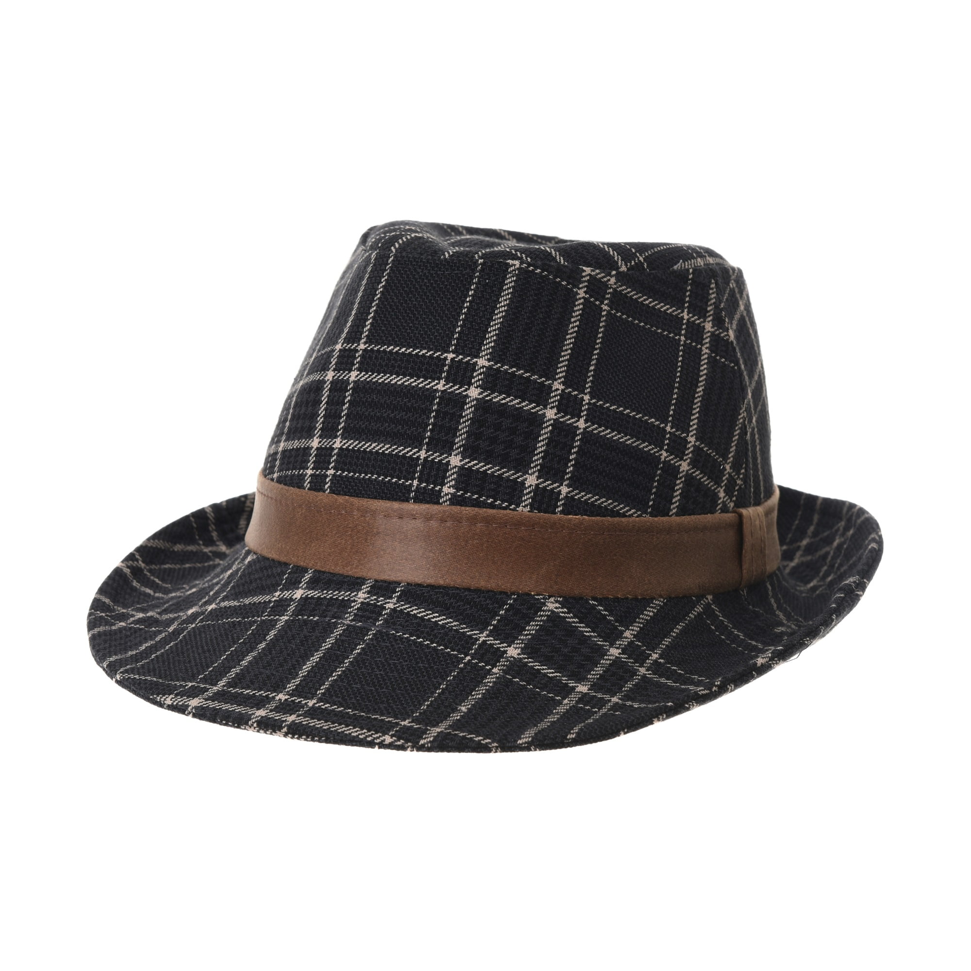 Withmoons Withmoons Fedora Hat Tartan Plaid Check Pattern Cotton Trilby Faux Leather Band For