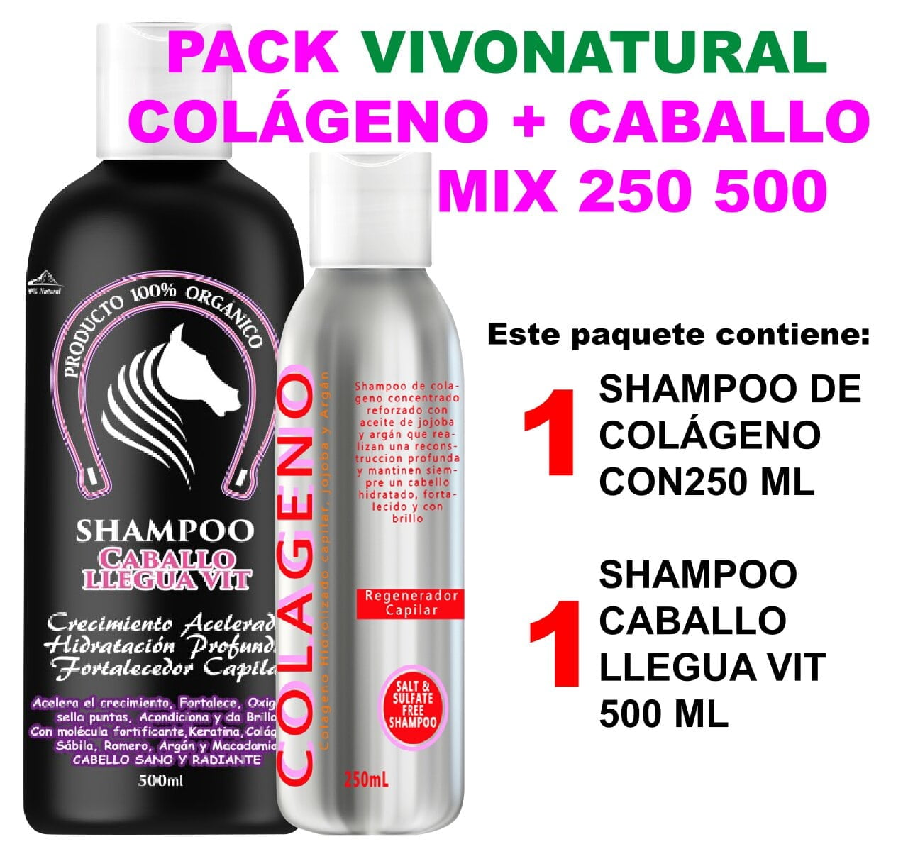 COLÁGENO + CABALLO MIX 250 500 VIVONATURAL. 1 Shampoo con Colágeno VIVONATURAL de 250 ml y 1 ...