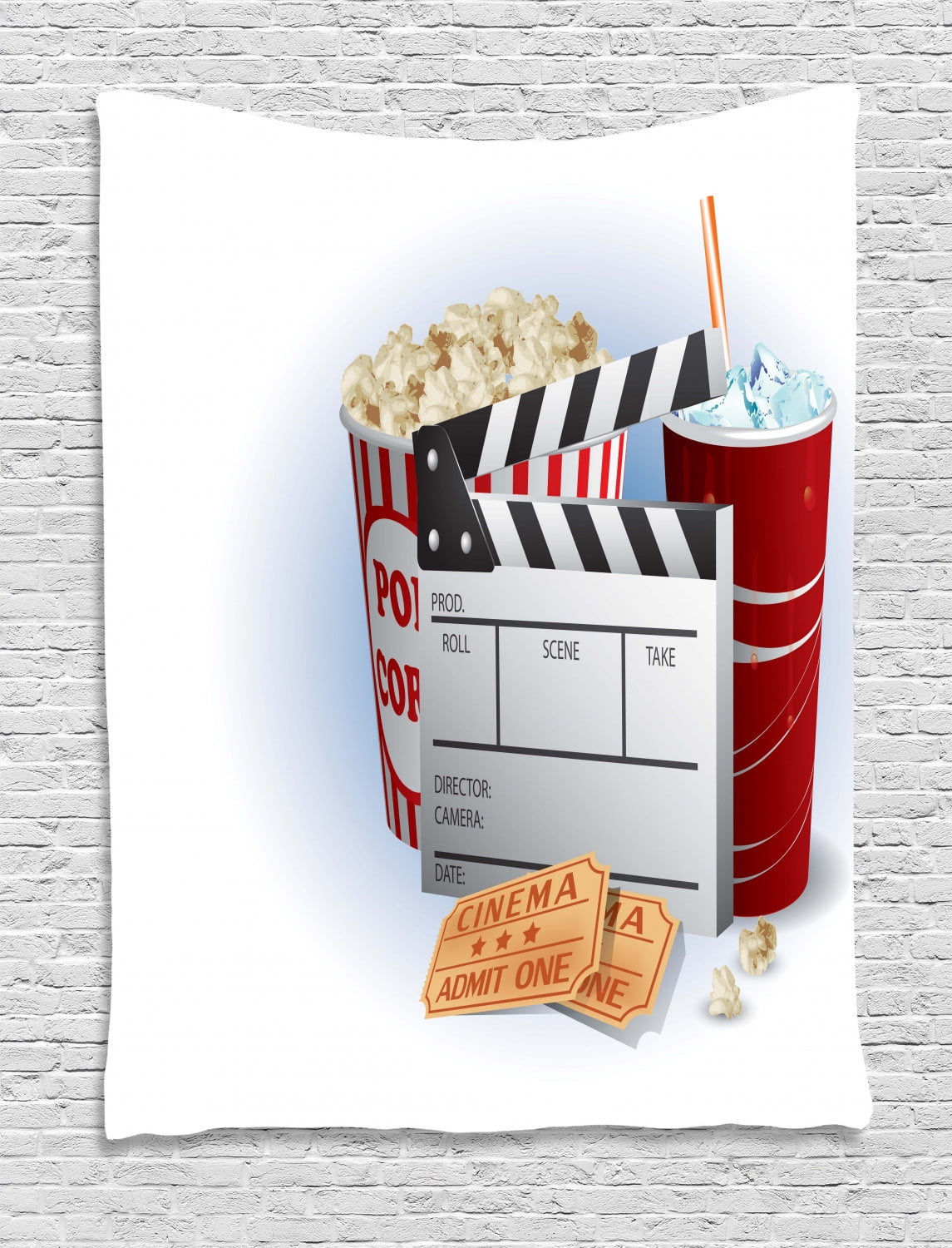 Movie Theater Tapestry, Soda Tickets Fresh Popcorn and Clapper Board ...