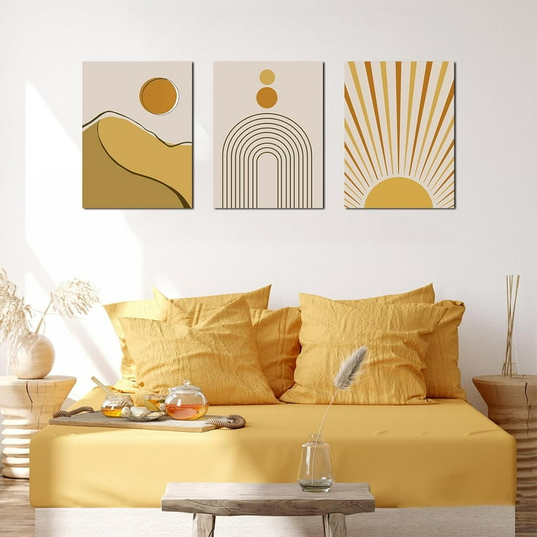 Yellow Boho Decor Boho Wall Art Set of 3 Lines Mountains Sun Minimalist Boho Wall Decor Yellow Wall Decor Framed Art Wall Decor for Living Room