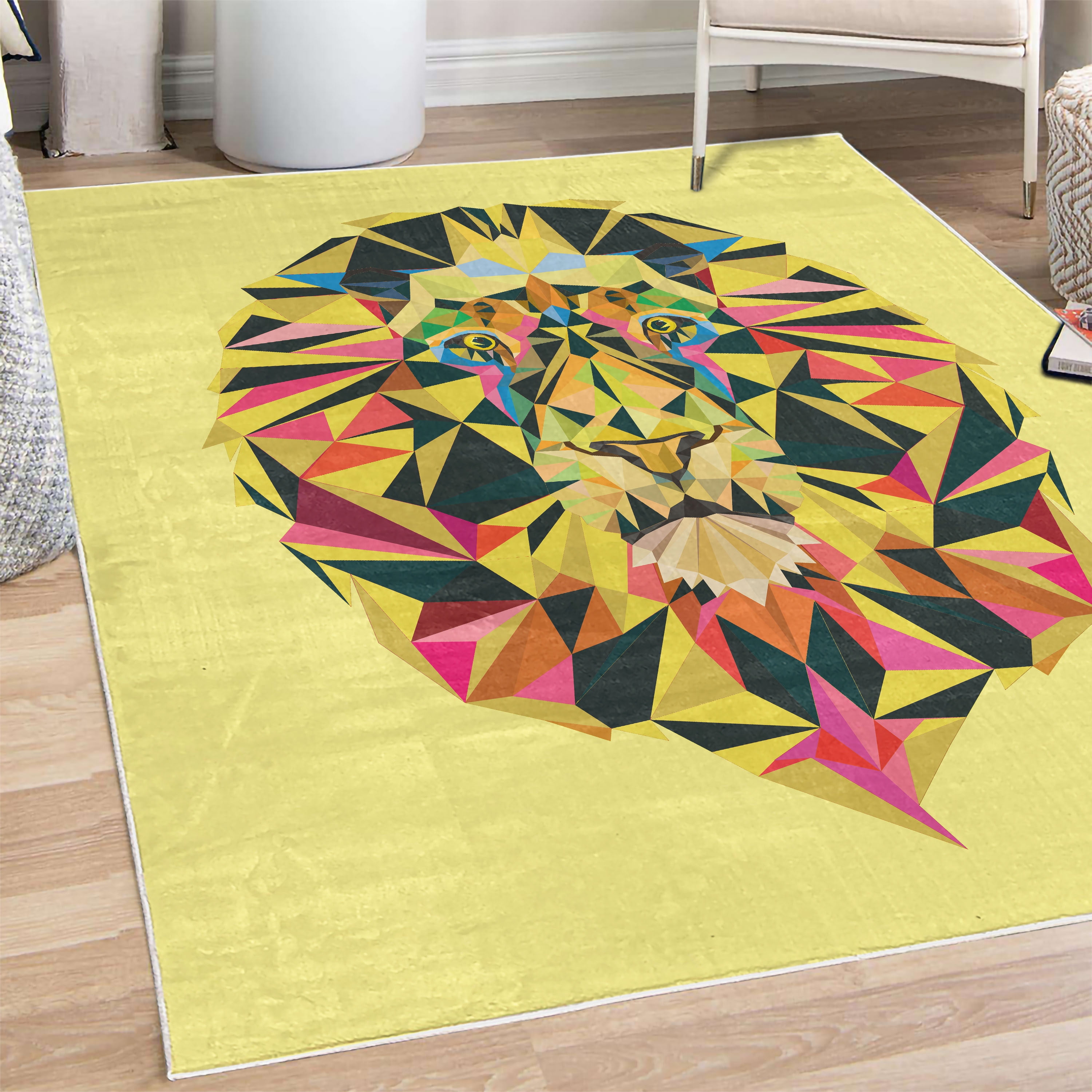 Zoo Decorative Rug, Colorful Animals Geometric Diamond Face Lions Mane ...