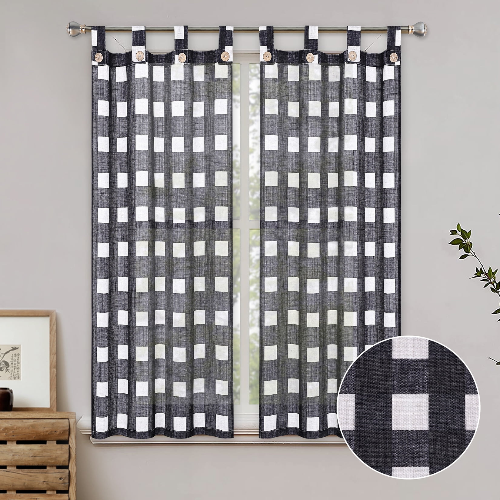 ZACOO Linen Plaid Curtains Window Curtains 45 Inches Long, Tab Top ...