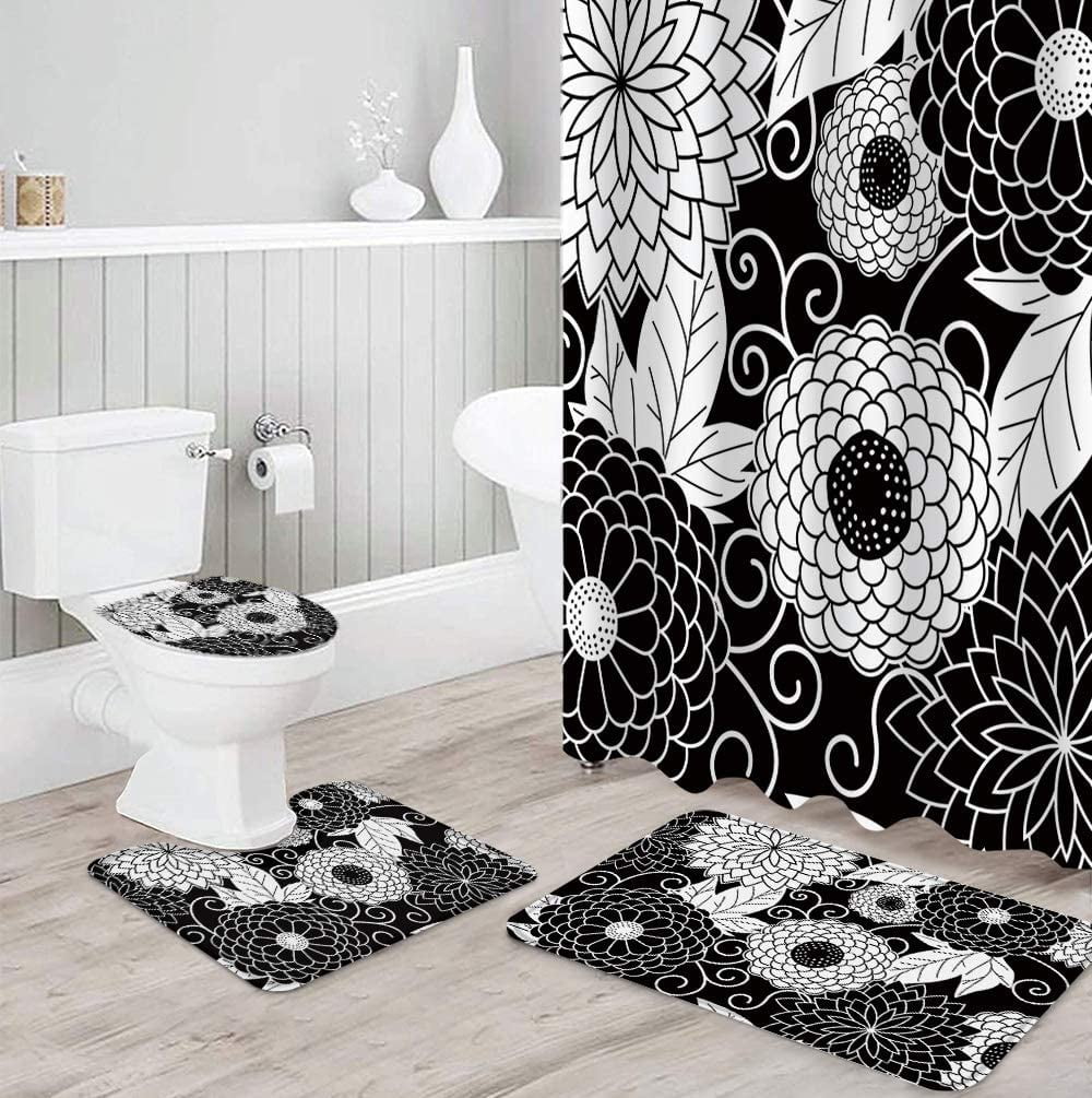 FMSHPON Floral 4 Piece Bathroom Set Shower Curtain Bath Rug Contour Mat ...