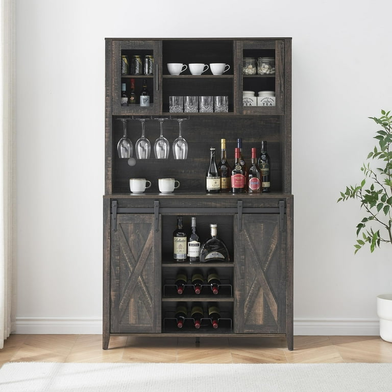 Ataucjin Farmhouse Bar Cabinet with Sliding Barn Door 69 Rustic Liquor Cabinet with Wine and Glasses Rack Wine Cabinet with Storage Hutch Cabinet Sideboard Cupboard for Kitchen Fire Color Walmart