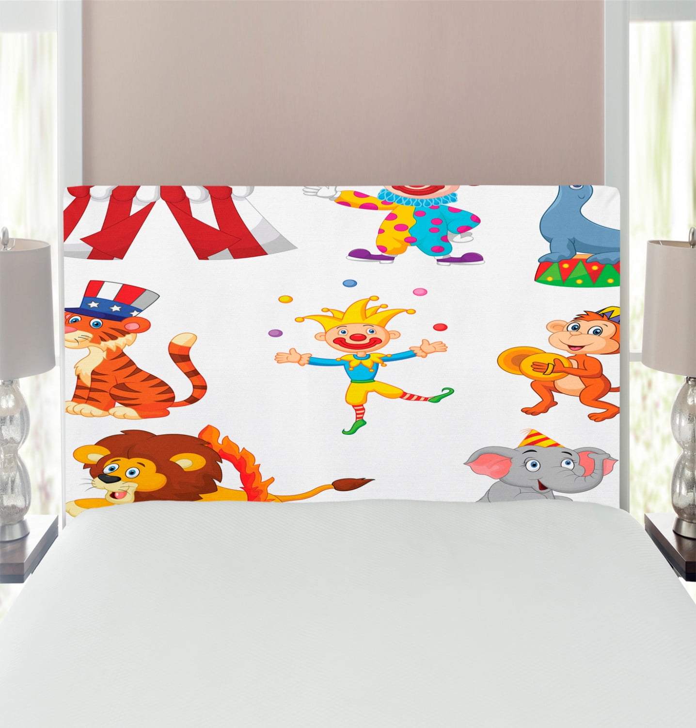Circus Headboard, Cartoon Style Composition of Circus Theme Art Wild ...