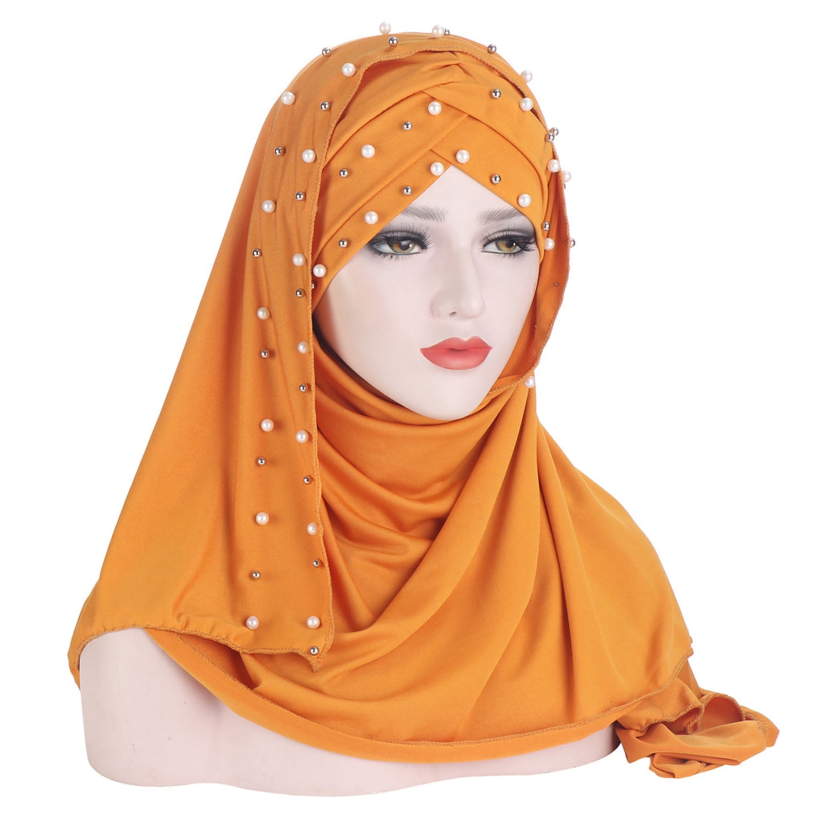 Muslim Hijab Headscarf with Pearl, Women Long Shawl Solid Color Pleated ...