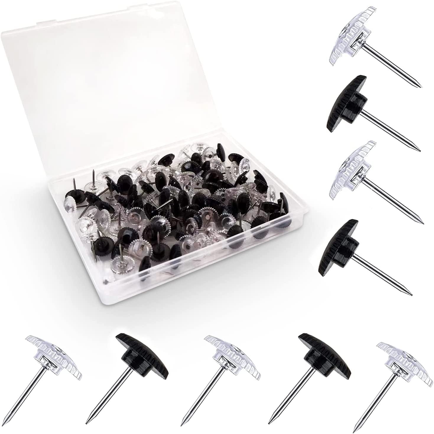 100 pcs Clear Push Pins Plastic Thumb Tacks Clear Tacks Black Paper ...