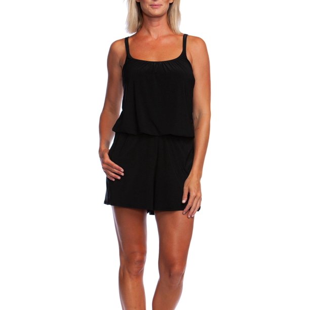 Maxine Of Hollywood Womens Tricot Swim Romper One Piece 10 Black