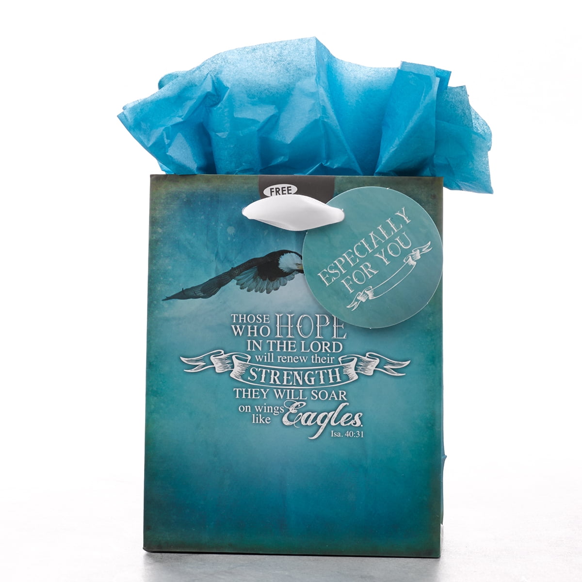 Blue Scripture Gift Bag w/Tissue Paper: On Wings Like Eagles - Isa. 40: ...