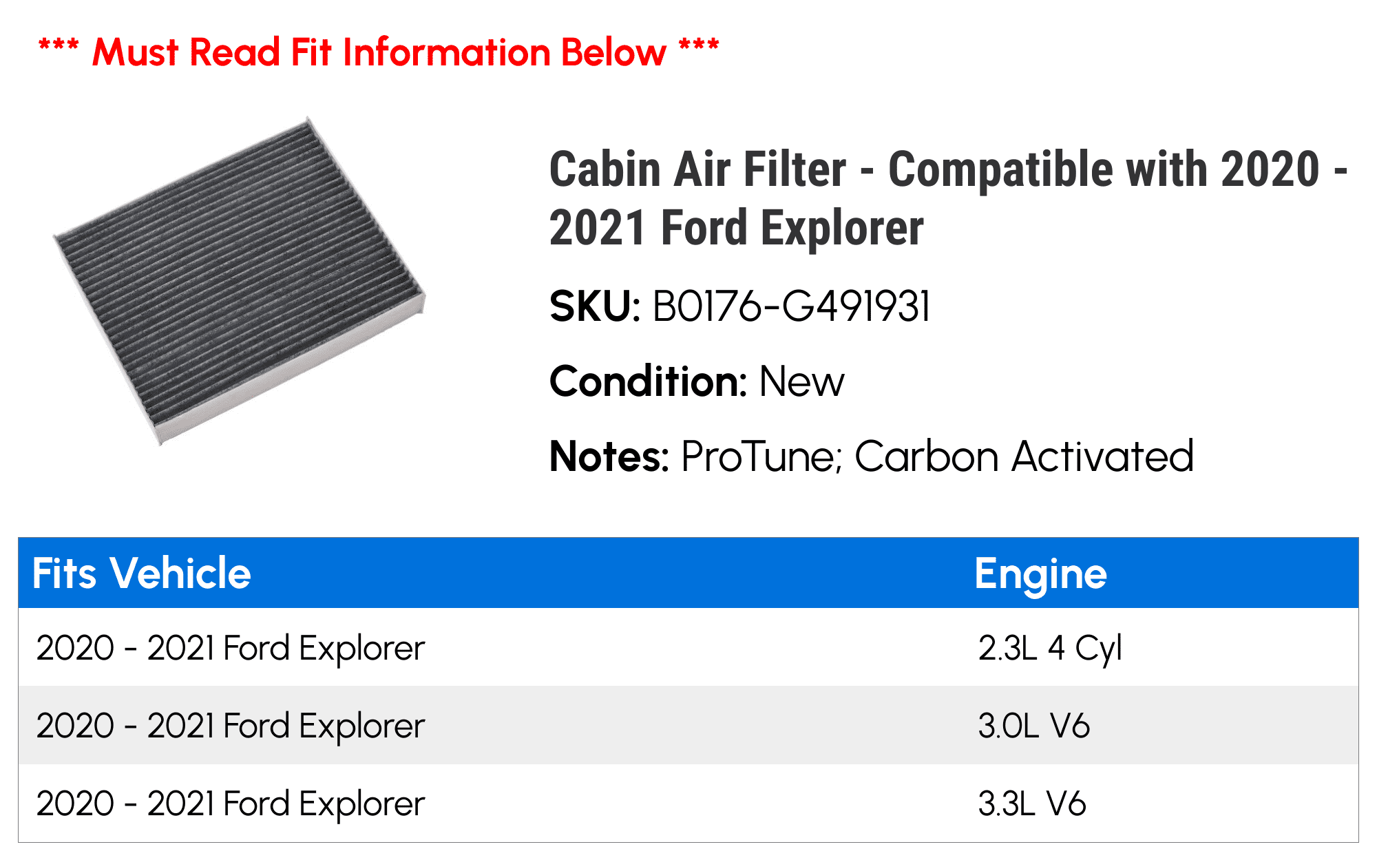 API Cabin Air Filters Compatible with 2020 2021 ford Explorer Cabin Air Filter with Carbon Activated