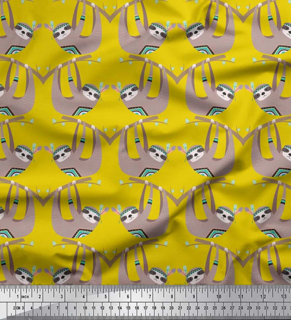 Soimoi Satin Silk Fabric Feather,Branch & Sloth Cartoon Print Fabric by ...