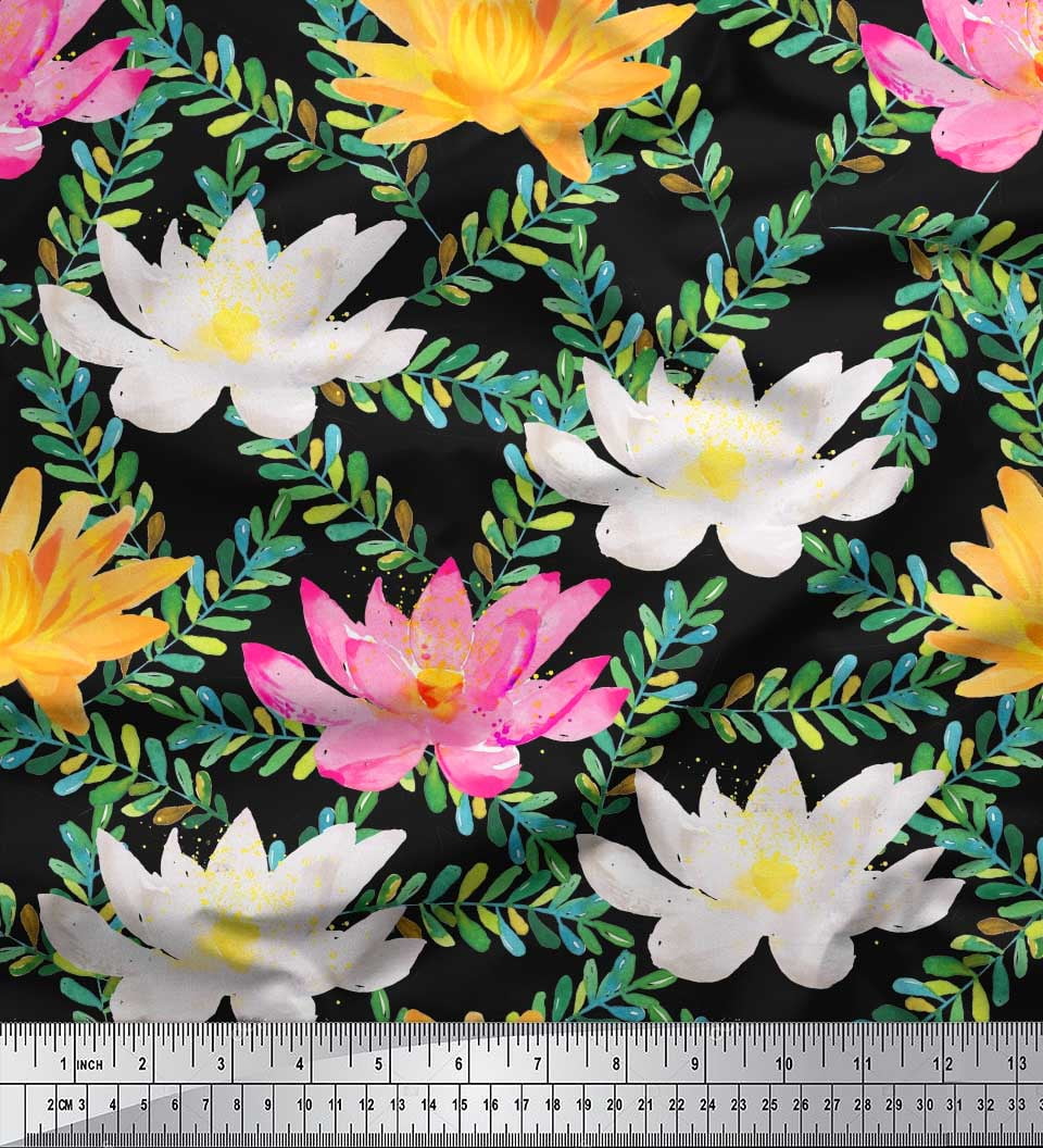 Soimoi Black Cotton Jersey Fabric Leaves & Water Lily Floral Print ...