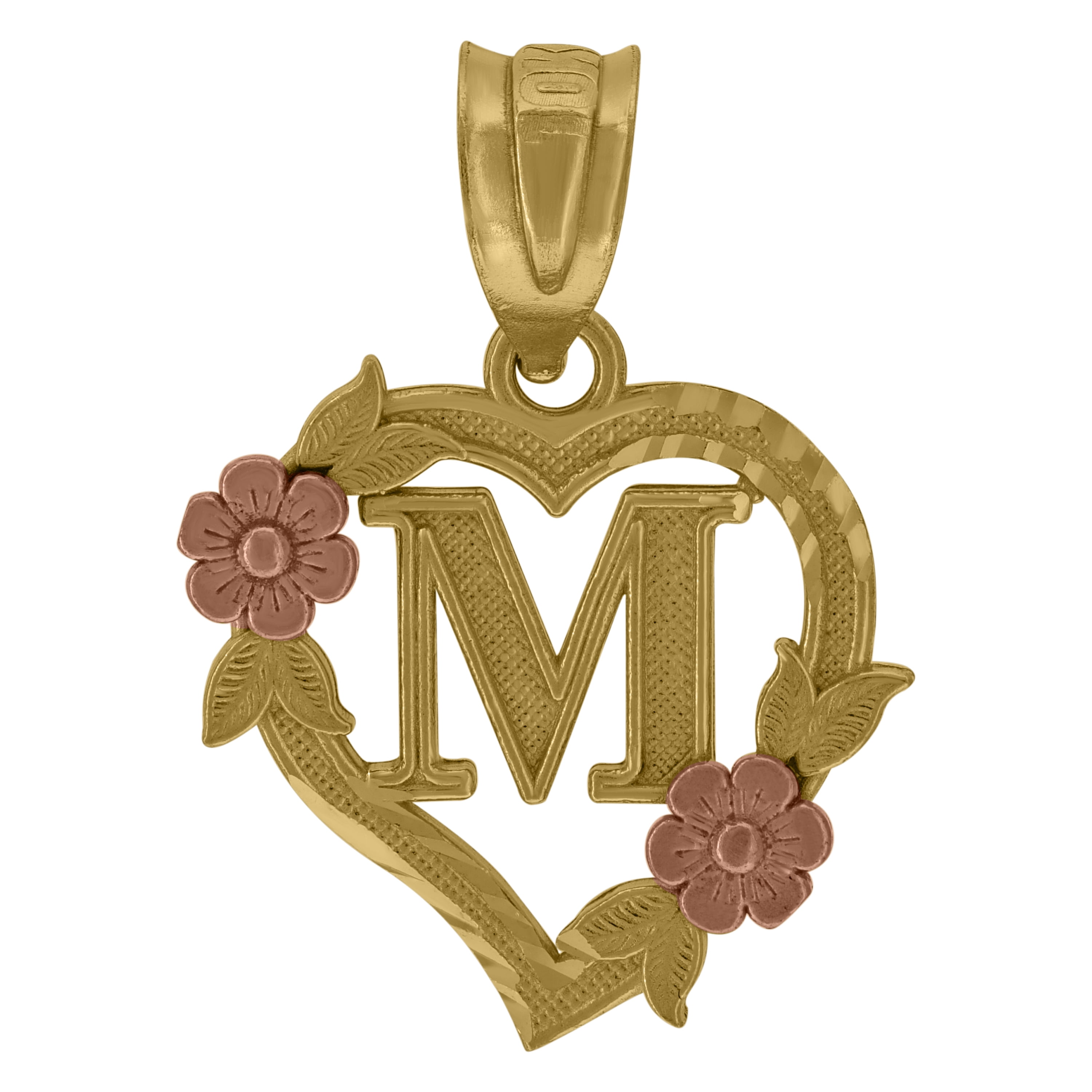 10kt Two-tone Gold Womens Heart Flower Initial Letter M Charm Pendant ...