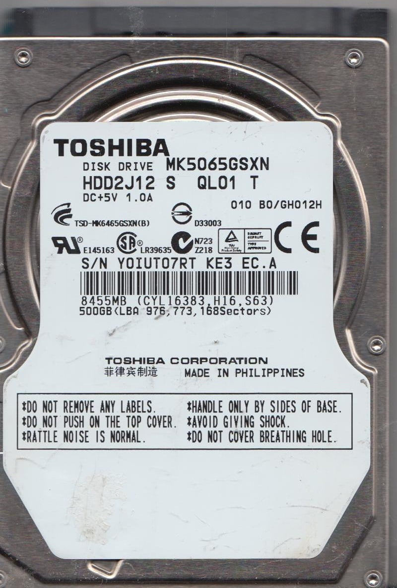 MK5065GSXN, B0/GH012H, HDD2J12 S QL01 T, Toshiba 500GB SATA 2.5 Hard ...