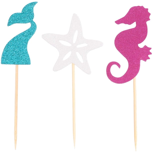 24Pcs Mermaid Cake Topper Glitter Mermaid Tail Seahorse Star Cupcake ...