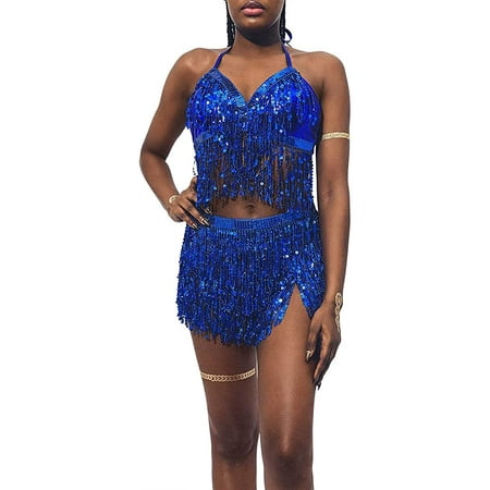 Belly Dance Hip Skirt with Bra Top Sequins Tassel Hip Scarf Rave Party Costume for Women ...