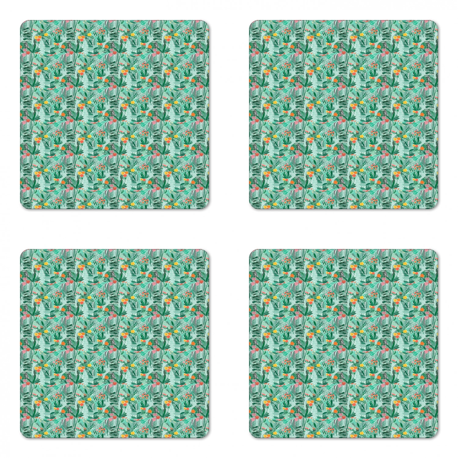 Floral Coaster Set of 4, Expressionist Pink Tulips Flowers Foliage ...