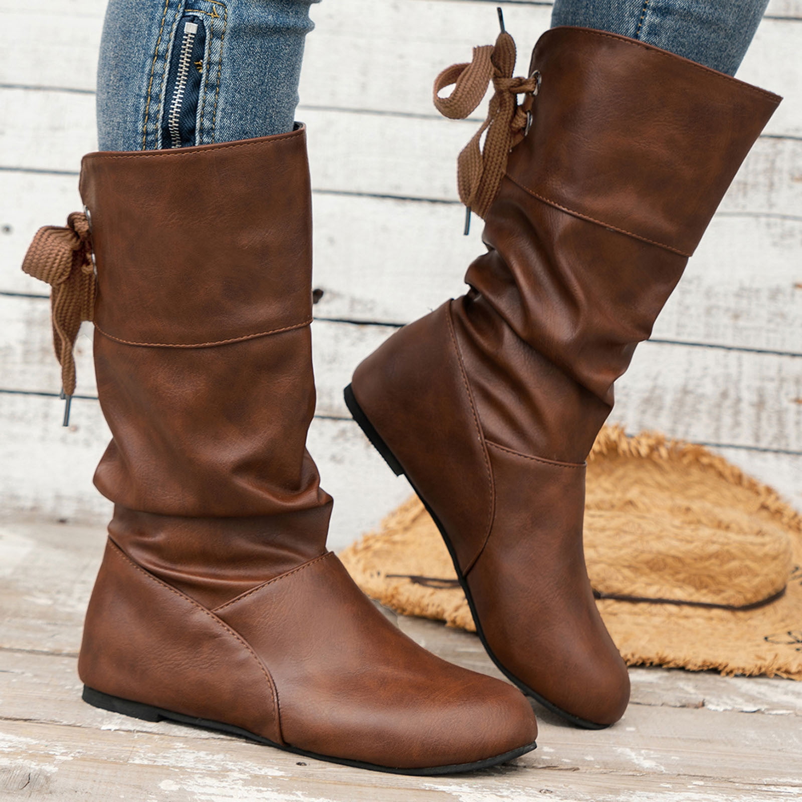 Click here for Huitkmm Womens Calf Boots Ladies Solid Color Large... prices