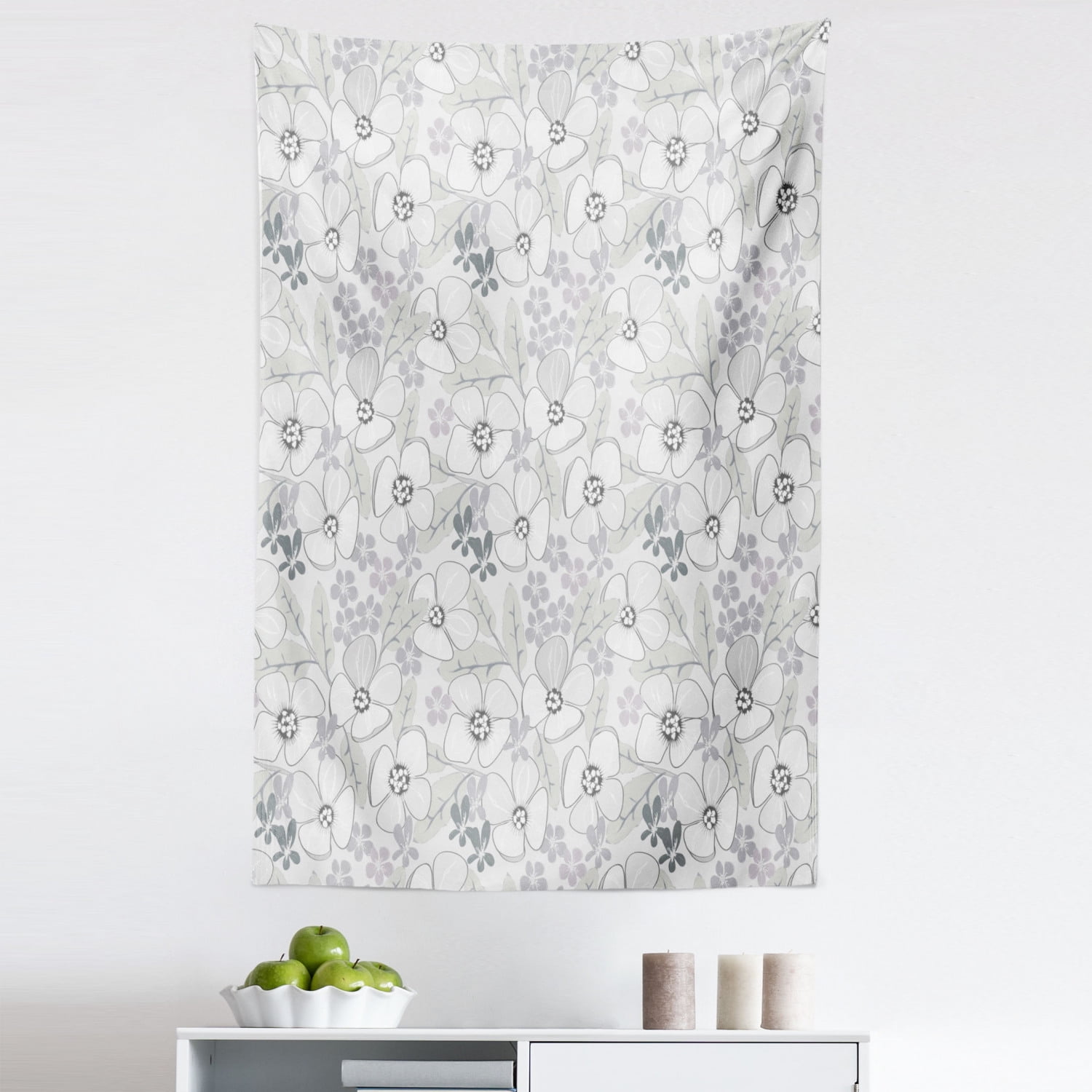 Grey Tapestry, Abstract Sketchy Hand Drawn Garden Spring Flowers with ...