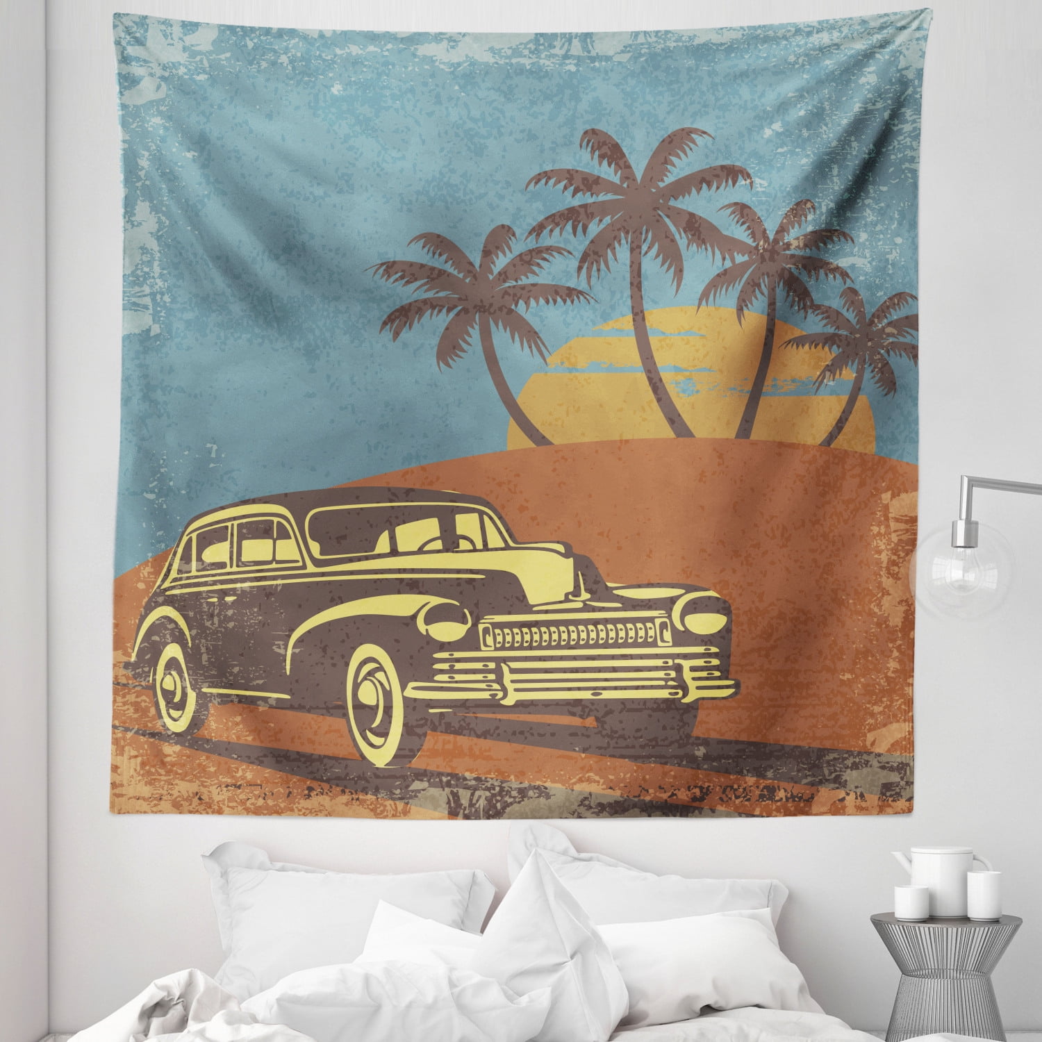 Cars Tapestry, Vintage Car on the Beach with Palm Trees at Sunset ...