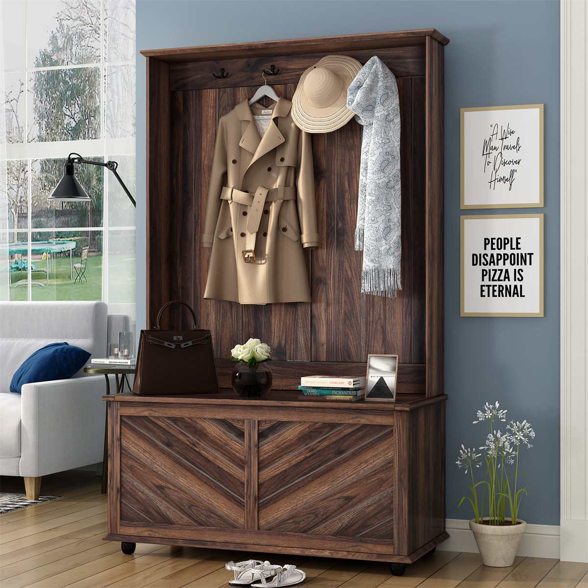 Hall Tree with Storage Bench, Wood Entryway Hall Tree with 4 Metal ...