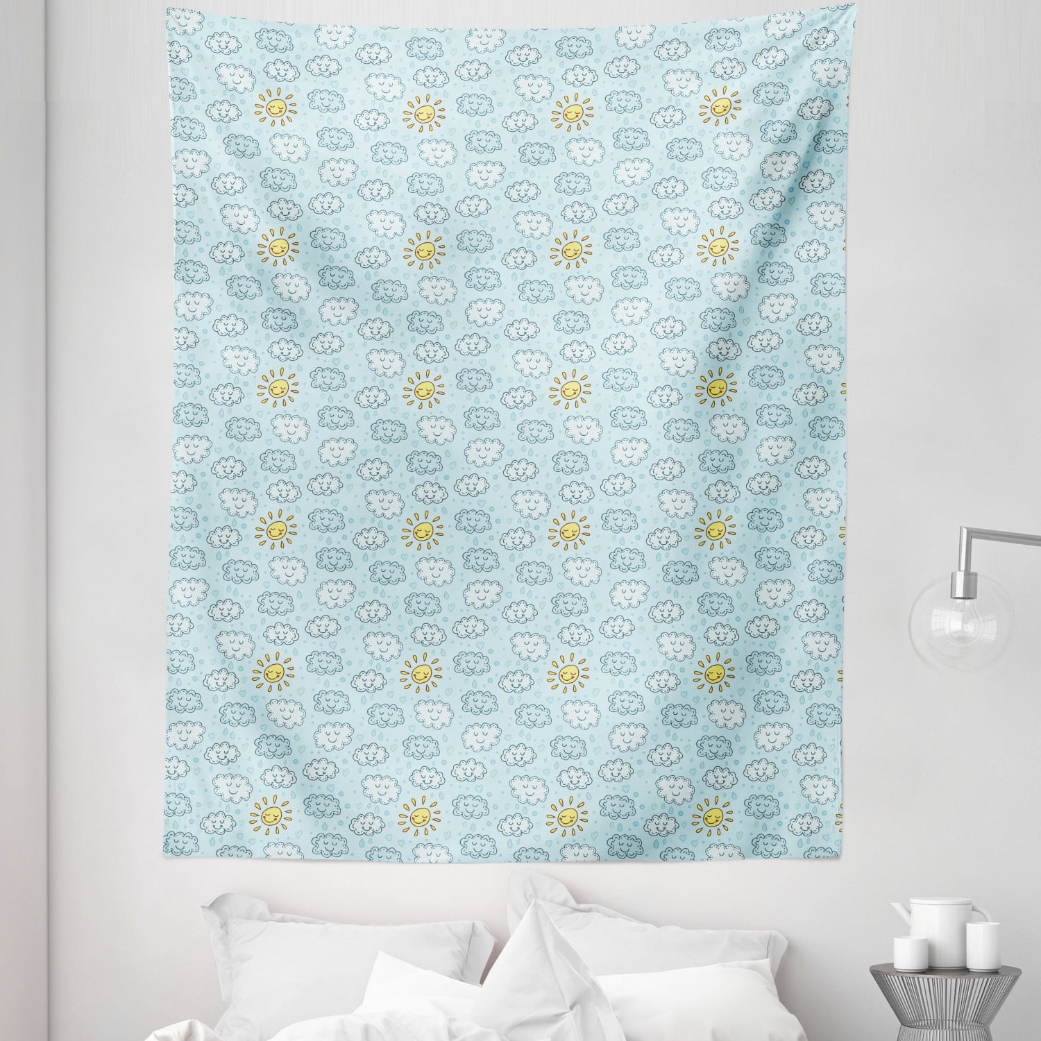 Rain Tapestry, Rainy Day Themed Clouds and Sun Pattern in Repeating ...