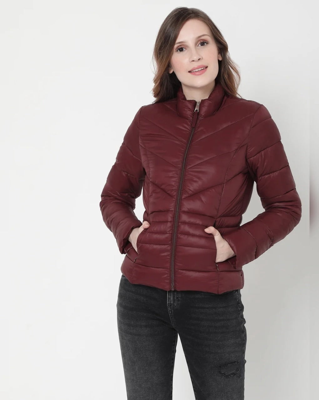 NOORA Womens Burgundy Leather Puffer Quilted Jacket With Zipper ...