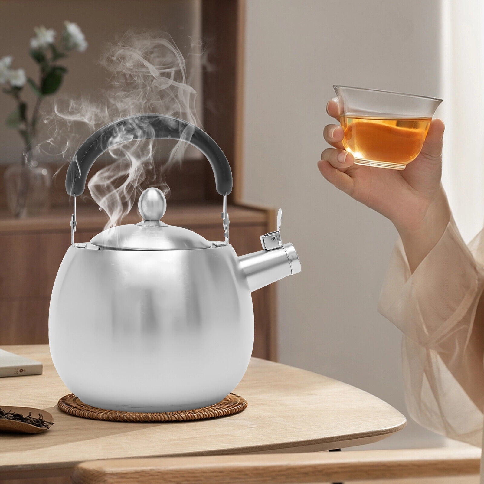 Stove Top Whistling Tea Kettle - Stainless Steel 4.22 Qt - Silver Tea ...