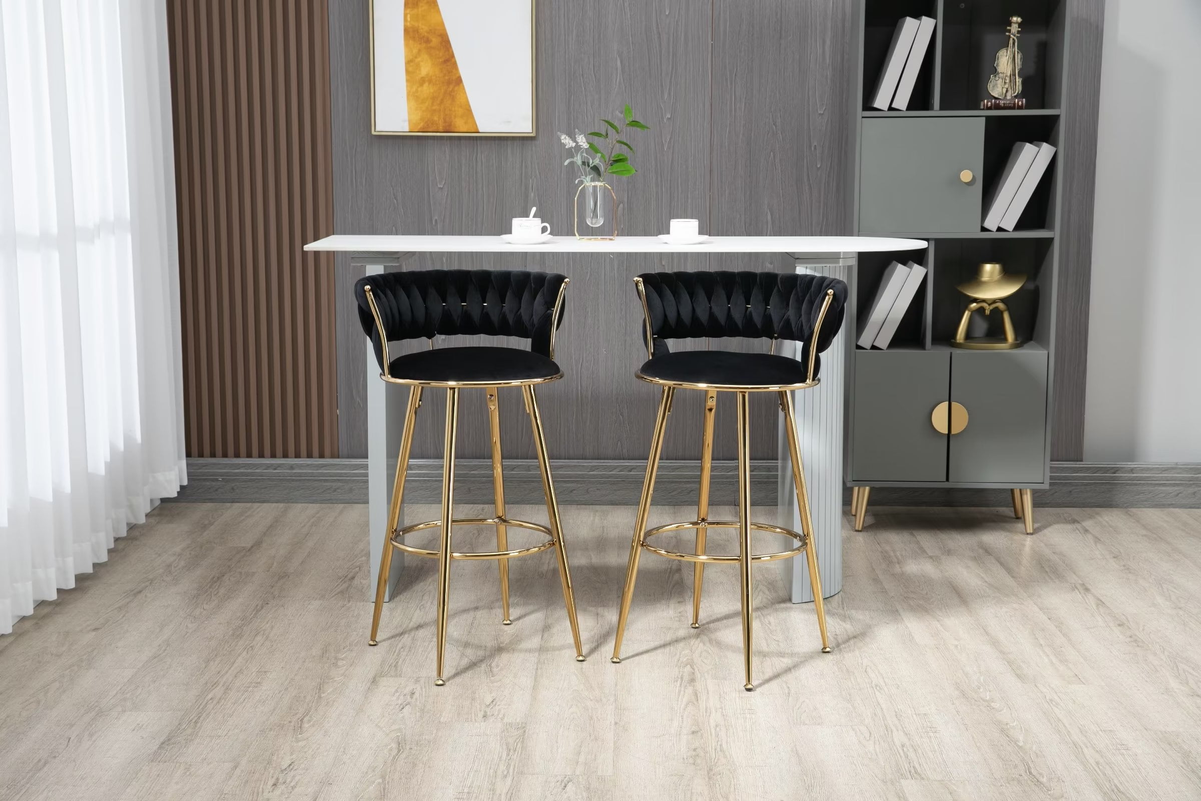 Bar Stools Set of 2, Modern Metal Bar Chairs with Curved Backrest and ...