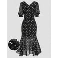 Black Polka Dot V-Neck Mid-Sleeve Mermaid Hem Fitted Dress With Sheer ...
