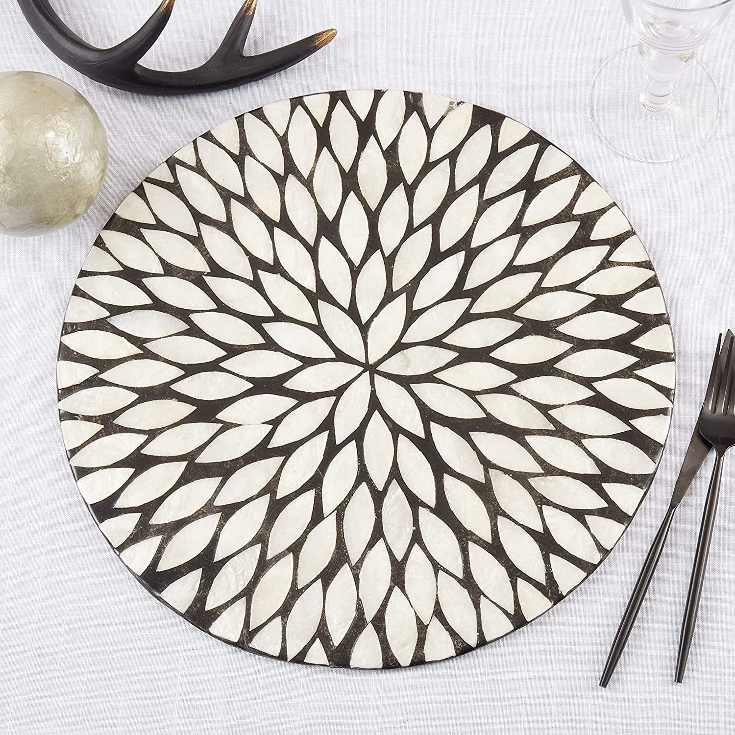 Fennco Styles Floral Capiz Design Placemat 15" Round, 1-Piece – Black ...