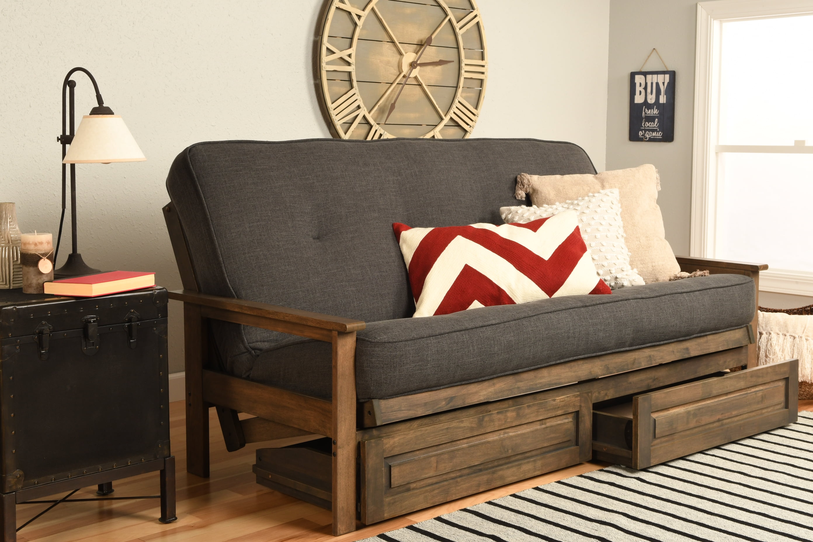 Albany Futon with storage in Rustic Walnut Finish, Multiple Colors ...