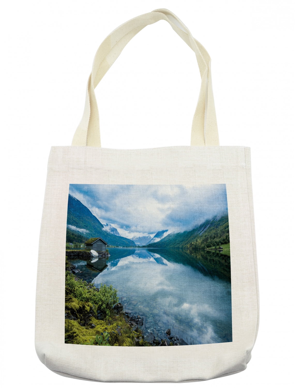 Nature Tote Bag, Landscape Photography with Wooden Cabins Clear River ...