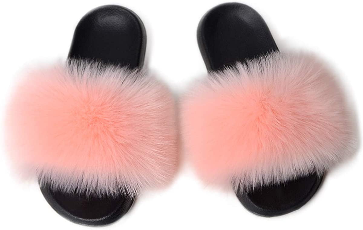 Women Fur Slides Sandal with Soft Furry Faux Fox Fur Lovely House ...