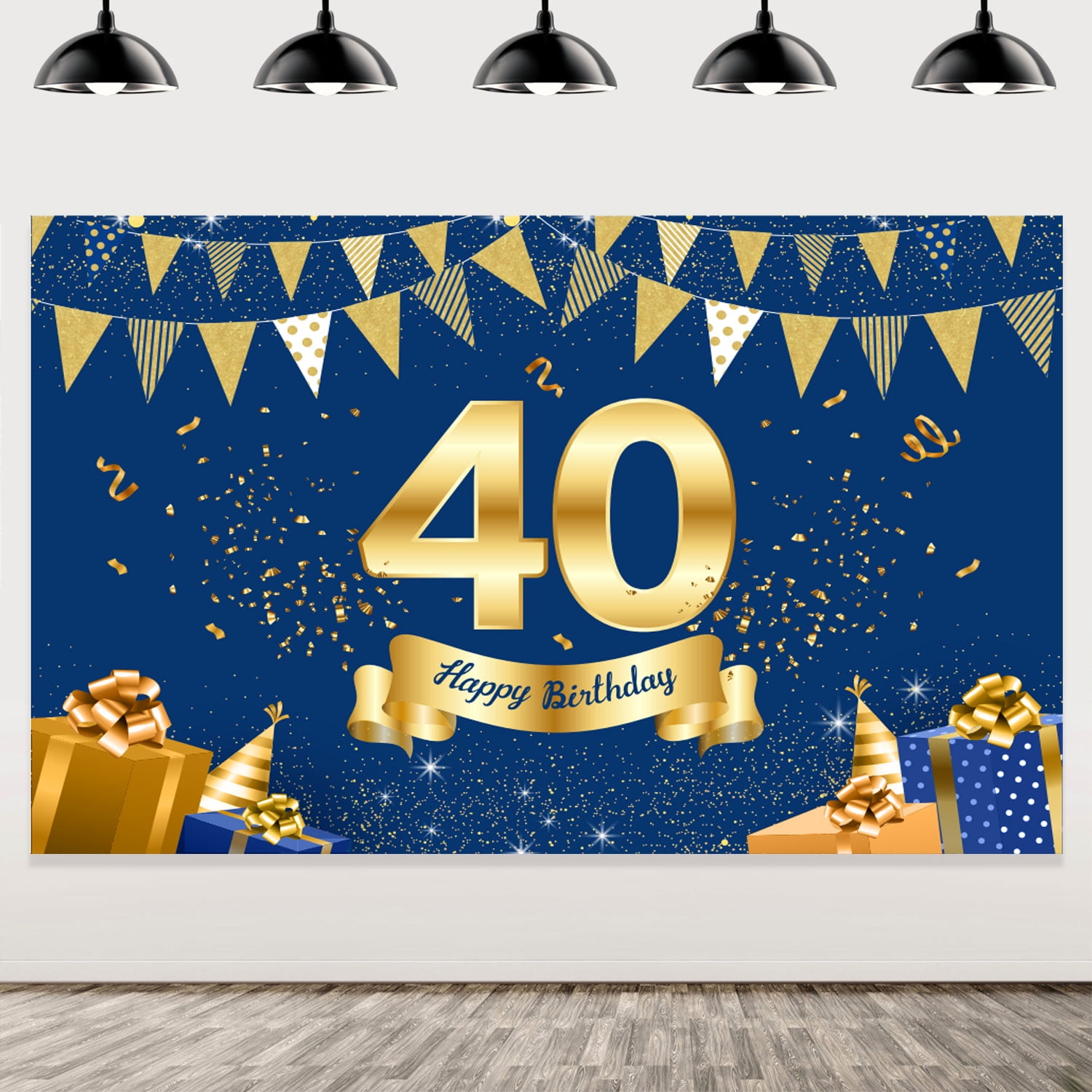 40th Birthday Party Decoration, Large Fabric Blue Gold Sign Poster for ...