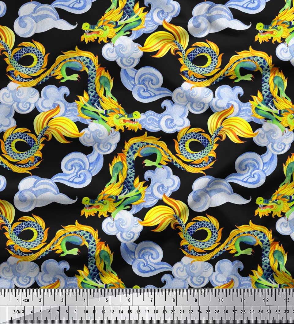 Soimoi Crepe Silk Fabric Dragon Snake Reptile Print Fabric by The Yard ...