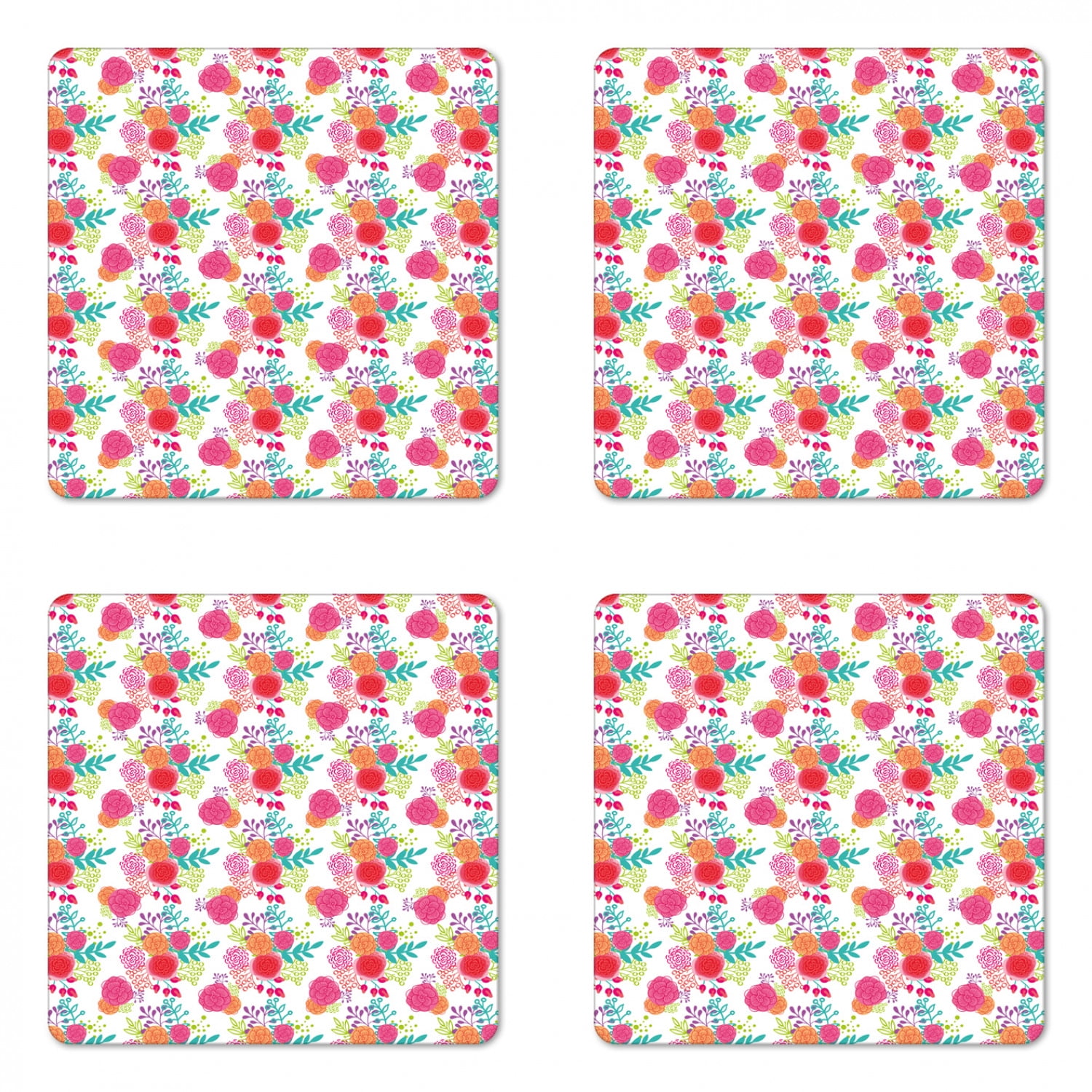 Floral Coaster Set of 4, Spring Time Setting of Colorful Blossoms and ...