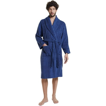 Men's Robe Terry Cotton Bath Robes Shawl Collar Soft Bathrobe Calf ...