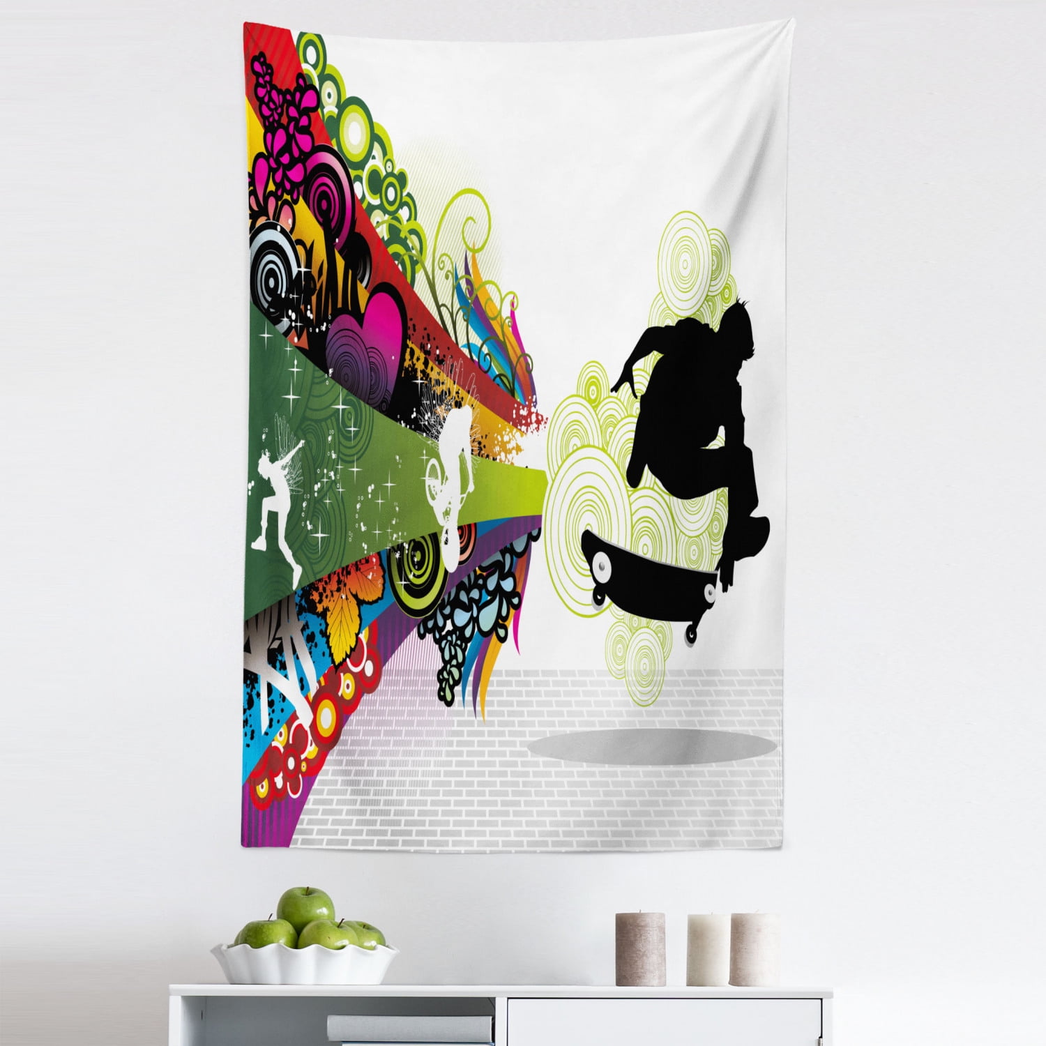 Teenager Tapestry, Vivid Young Theme Design with Scater Boy and Rainbow ...