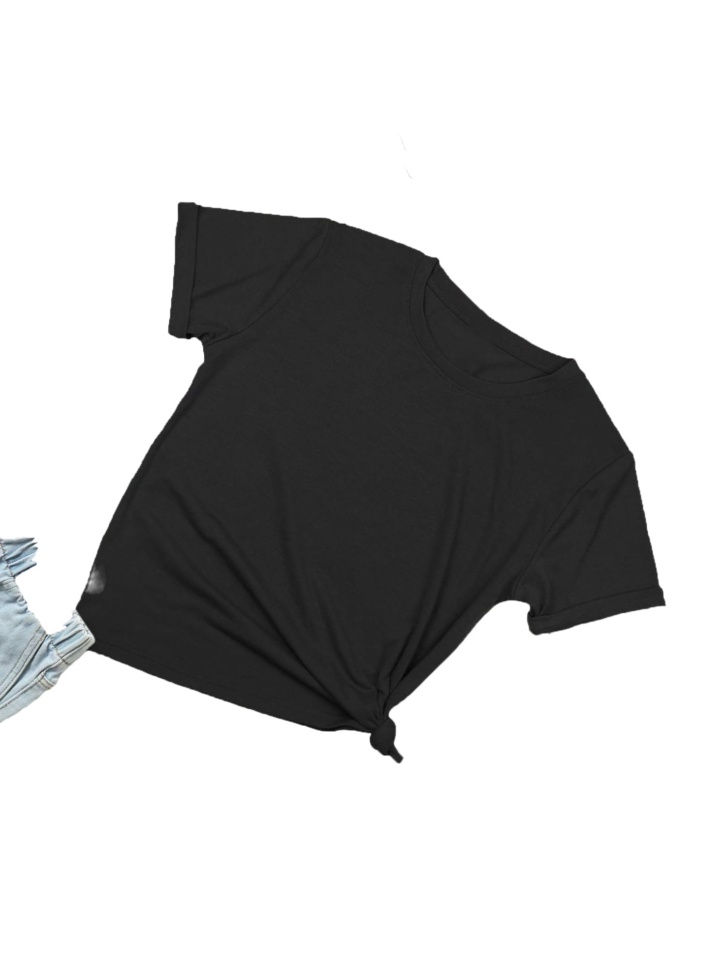 Casual Solid Round Neck Short Sleeve Black Girls T Shirts Girls